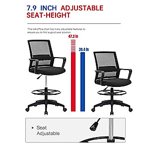 Drafting Chair Tall Office Chair Adjustable Height with Lumbar Support Arms Footrest Mid Back Desk Chair Swivel Rolling Mesh Computer Chair for Adults Standing Desk Drafting Stool(Black)