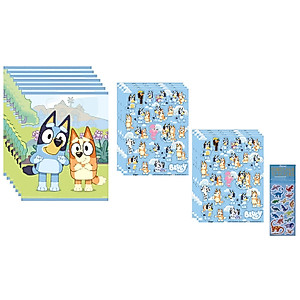Esave Bluey Birthday Party Supplies Favor Bundle Pack includes 8 Plastic Loot Bags, 8 Bluey Sticker Sheets with 184 Stickers and 1 Dinosaur Sticker Sheet