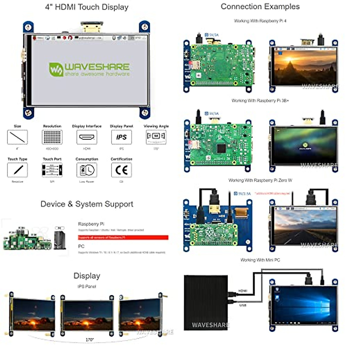 waveshare 4inch Resistive Touch Screen LCD Compatible with Raspberry Pi 4B/3B+/3A+/2B/B+/A+/Zero/Zero W/WH/Zero 2W CM3+/4 480×800 Resolution HDMI IPS Low Power Consumption Supports Windows