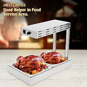 Restlrious French Fry Warmer Commercial Heat Lamp Food Warmer, Free Standing Electric Infrared Heating Dump Station, 500W Stainless Steel Food Warming Light w/2 Half Size Food Pan for Fries 4” Deep