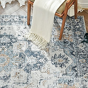 jinchan Area Rug 8x10 Persian Rug Indoor Vintage Rug Floor Cover Print Distressed Carpet Multi Thin Rug Chenille Blue Foldable Accent Rug Lightweight Non Slip Kitchen Living Room Bedroom Dining Room