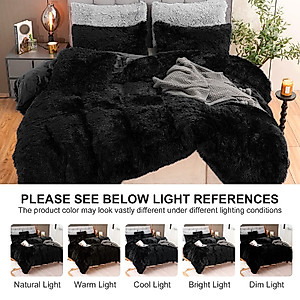 Fluffy Plush Black Duvet Cover Set, Luxury Ultra Soft Velvet Fuzzy Comforter Cover Bed Sets 4Pcs(1 Faux Fur Duvet Cover + 2 Pillow Cases + 1 Pillow Cover) Zipper Closure (Queen, Black)