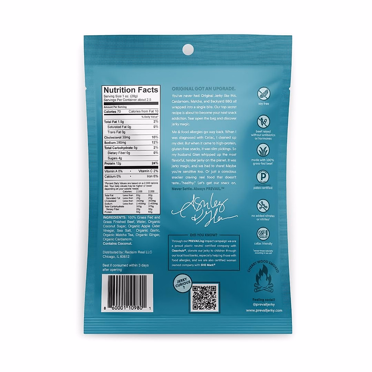 PREVAIL Original Grass-Fed Beef Jerky | Soy Free | 100% Grass-Fed | Gluten Free Snacks | High Protein Snacks | Free of Preservatives | No GMO's | Pack of (3) Bags | 2.25oz