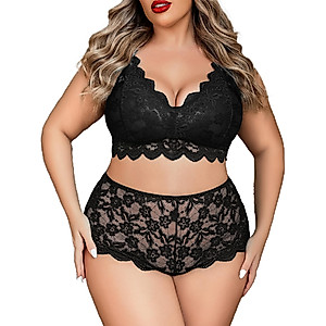 Avidlove Women Plus Size Lingerie Set Sexy Lace Bra High Waist Panty Set A-black