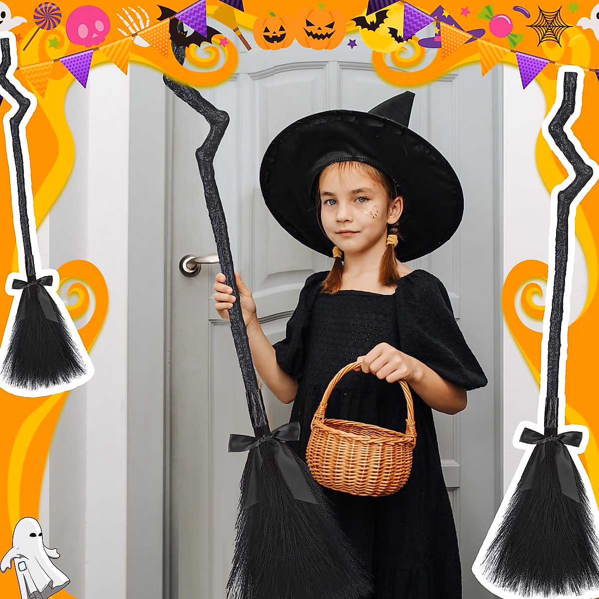 Liliful 3 Pcs Halloween Witch Broom Witch Broomstick with Ribbon Wizard Broomstick Halloween Decor for Kids and Adults, Party Cosplay Costume Accessories