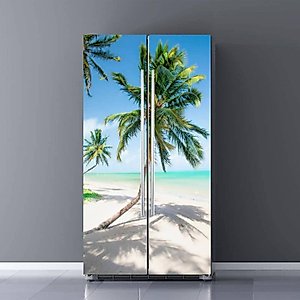 Self Adhesive Vinyl Refrigerator Wrap Set Tropical Palm Tree Beach Turquoise Seascape Nautical Relaxing Ocean Beach Theme Door Mural Removable Fridge Sticker Peel and Stick Kitchen Decor