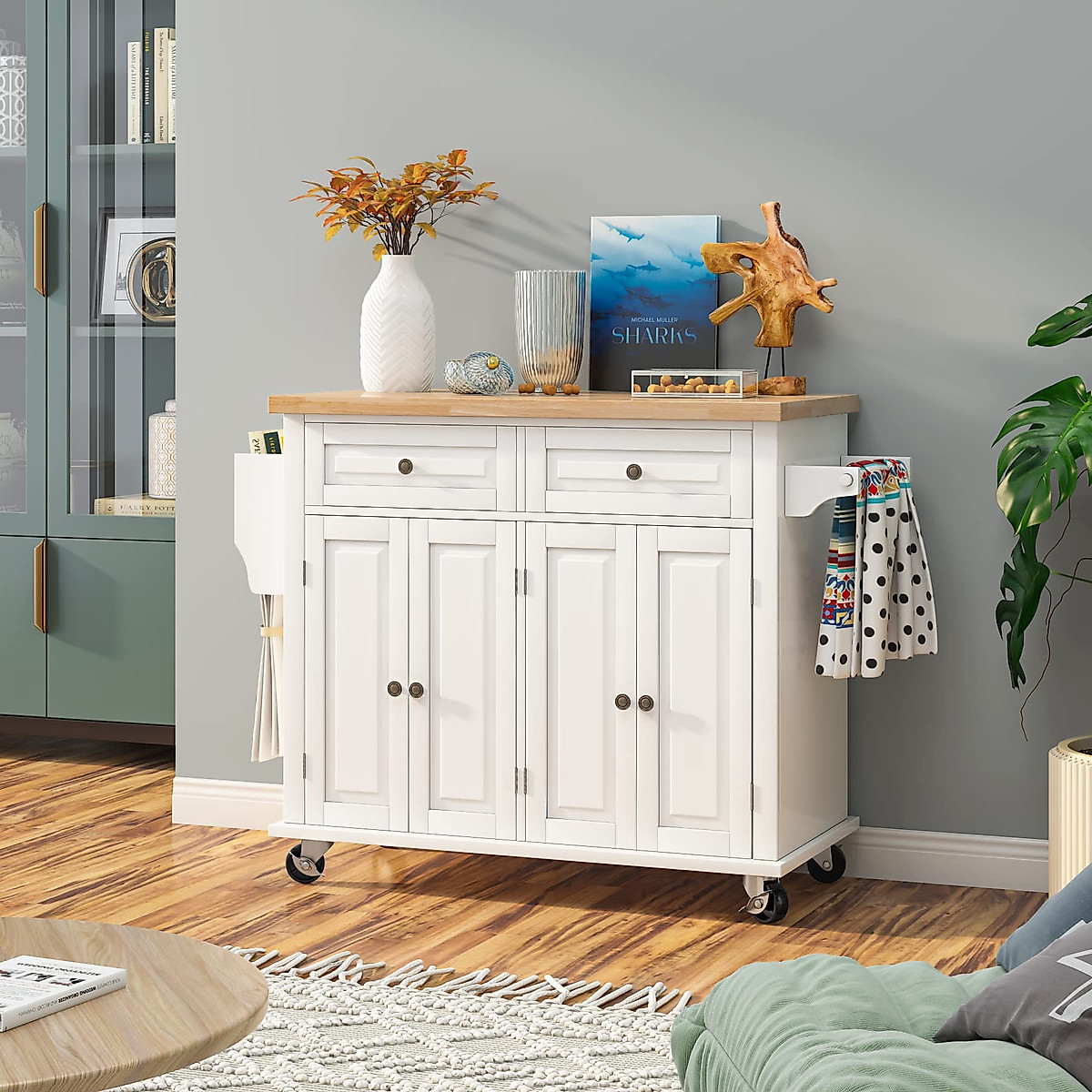 43“ Rolling Mobile Kitchen Island Cart on Wheels with Drawers, Storage Cabinet, Rubberwood Countertop and Spice/ Towel Rack, Adjustable Shelves, White