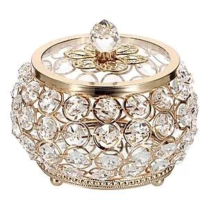 Hipiwe Crystal Jewelry Trinket Box with Glass Lid Gold Mirrored Treasure Box Decorative Jewelry Box Ring Earrings Necklace Storage Keepsake Box Gift for Women Girls