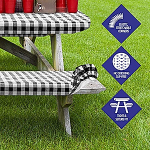 Sorfey Vinyl Picnic Table and Bench Fitted Tablecloth Cover, Checkered Design, Flannel Backed Lining, 30 x 72 Inch, 3-Piece Set, Black