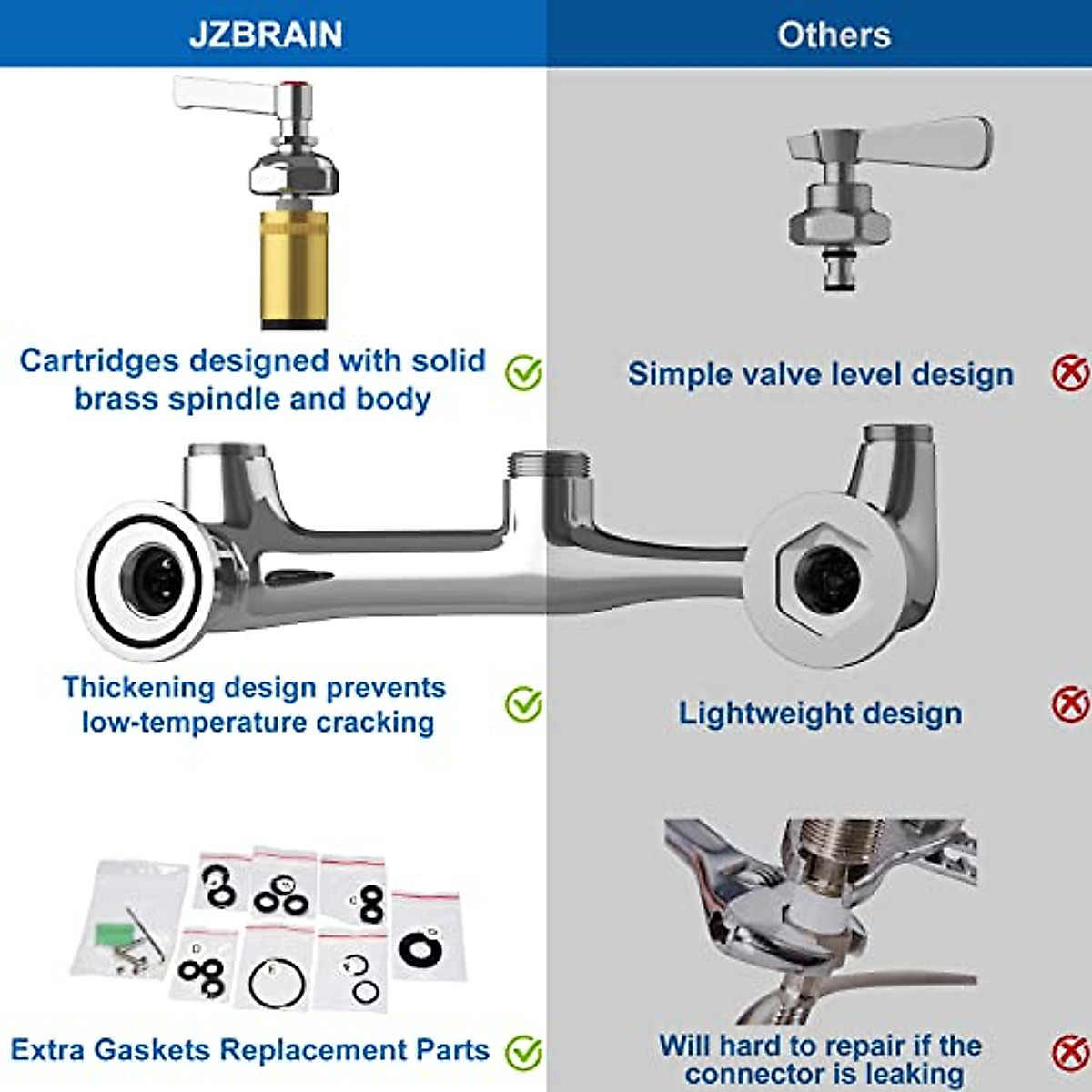 JZBRAIN Commercial Faucet with Sprayer 21" Height Wall Mount Kitchen Sink Faucet Add On Faucet 8" Swing Spout Pre-Rinse Sprayer 8 inch Center for 1 or 2 Compartment Sink