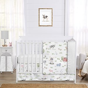 Sweet Jojo Designs Farm Animals Baby Boy or Girl Nursery Crib Bedding Set - 4 pieces - Watercolor Farmhouse Lattice Horse Cow Sheep Pig