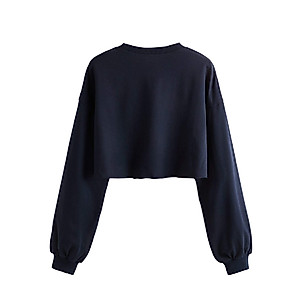 SweatyRocks Women's Casual Long Sleeve Crew Neck Letter Print Crop Top Sweatshirt Navy XS