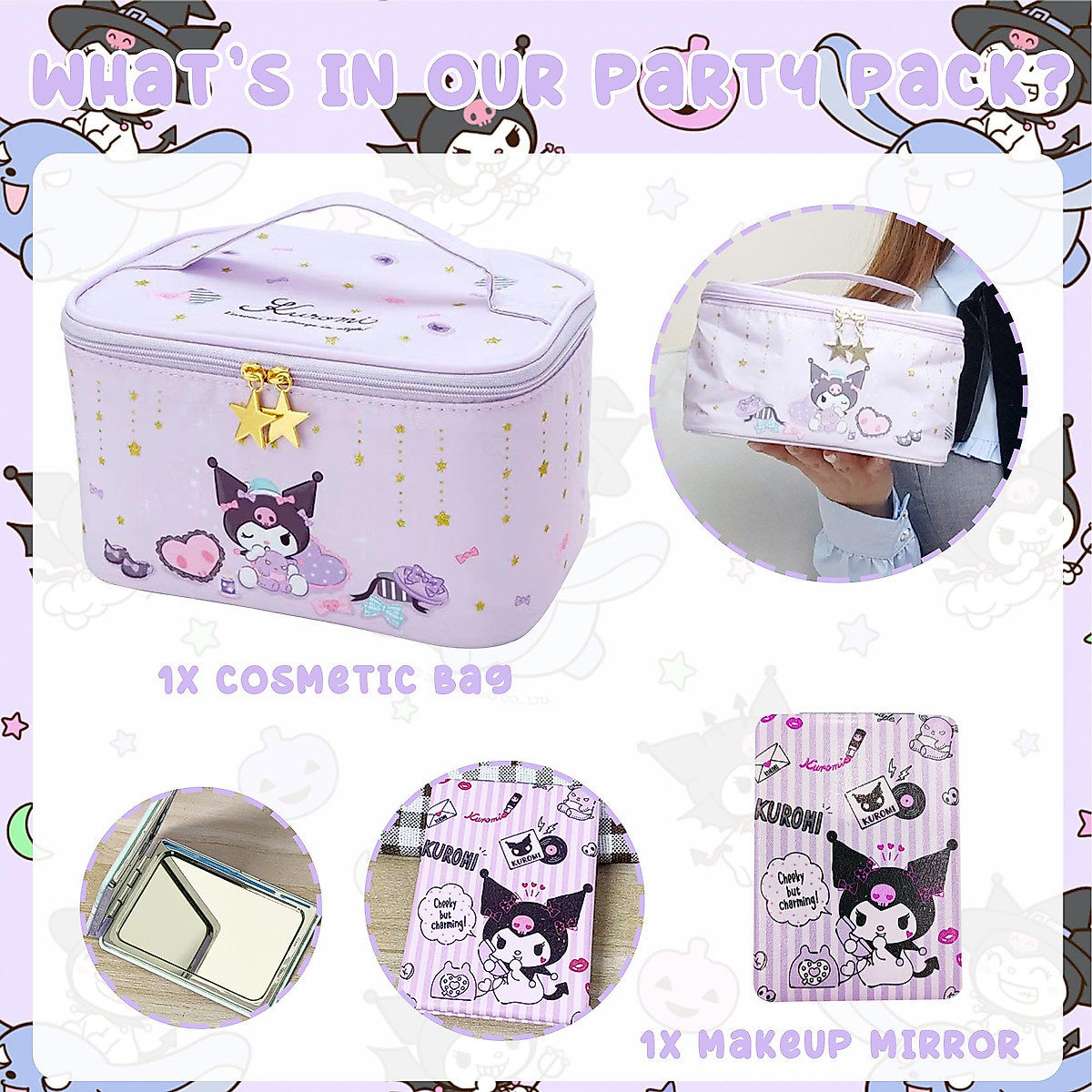 Ku-ro-mi Travel Cosmetic Bag PU Travel Toiletry Bag Makeup Accessories Mirror, Large Capacity Cartoon Cosmetic Pouch Makeup Bag with Zipper, Storage Bags Makeup Pouch for Women Girls