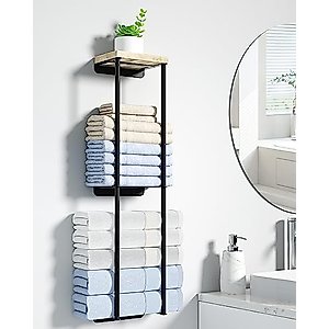 Towel Racks for Bathroom, 2 Tier Wall Towel Holder with Wood Shelf, Metal Wall Towel Rack Mounted Towel Storage for Small Bathroom （Black