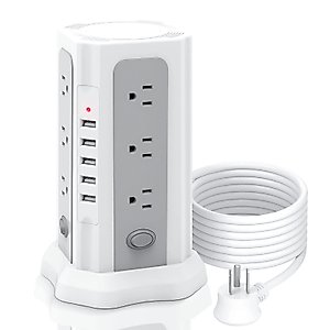 Power Strip Tower Surge Protector with 5 USB Ports, 12 Multiple Outlets, 6.5 FT Flat Plug Extension Cord, 13A 1050J Overload Protection, Desktop Charging Station for Home Office Dorm Room