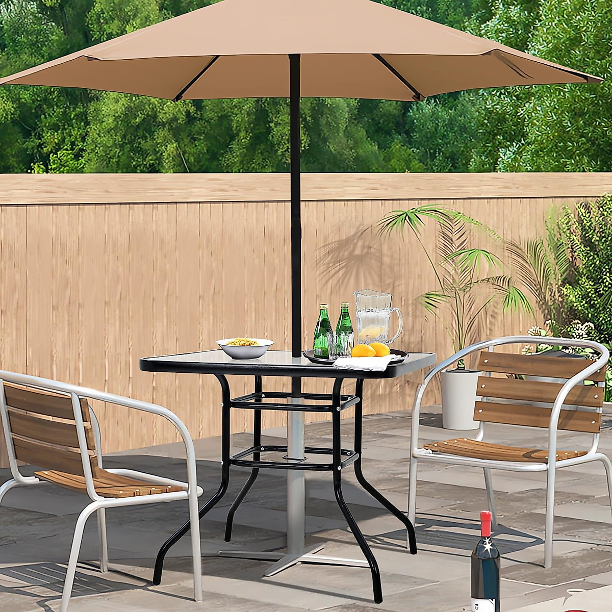 Dkelincs Outdoor Dining Table with Umbrella Hole 31.6" Square Patio Table Outdoor Furniture Garden Table Tempered Glass Patio Bistro Table for Balcony Backyard Lawn and Garden, Black