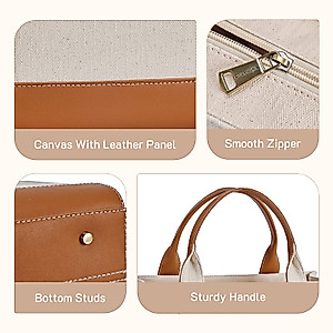 Missnine Tote Bag Canvas Laptop Bag 15.6 inch Briefcase for Women Large Capacity Handbag for Office, College, Travel (Brown+Beige)