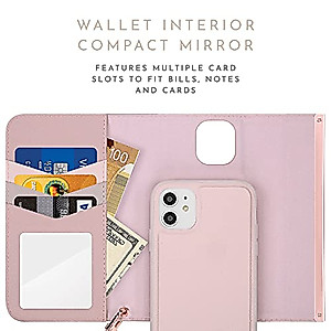 HABITU [Folio Collection 2022 Eris Tri-Fold Pink Wallet Case for iPhone XR/11, Detachable Vegan Leather Magnetic Folio with Card Pockets, Mirror & Strap for Women, for Women