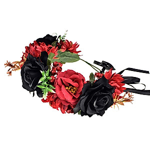 Vividsun Day of The Dead Flower Headband Rose Flower Crown Headpiece (red black)