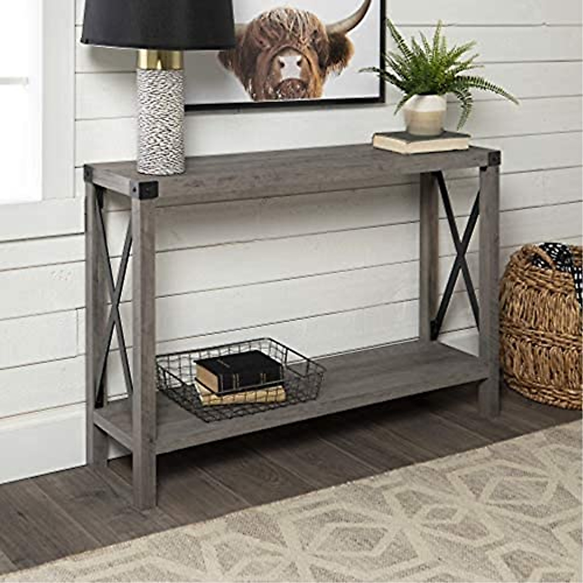 Walker Edison Sedalia Modern Farmhouse Metal X Entry Table, 46 Inch, Grey