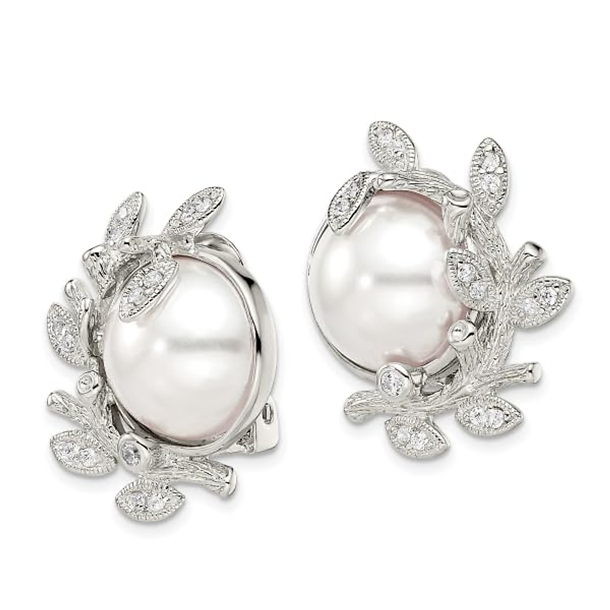 925 Sterling Silver Simulated Pearl Cubic Zirconia CZ Leaf Non Pierced Clip On Earrings