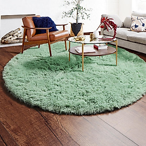 ONASAR Sage Green Round Area Rug 4ft, Soft Bedroom Circle Rugs for Kids Girls Teen Room, Cute Furry Plush Shaggy Carpet for Baby Nursery Living Room Playroom Home Decor Princess Castle