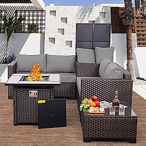 WAROOM 5 Pieces Patio Furniture Set PE Wicker Outdoor Brown Rattan Sectional Sofa Loveseat Couch Conversation Chair with Storage Bin Coffee Table and Propane Fire Pit, Anti-Slip Grey Cushion