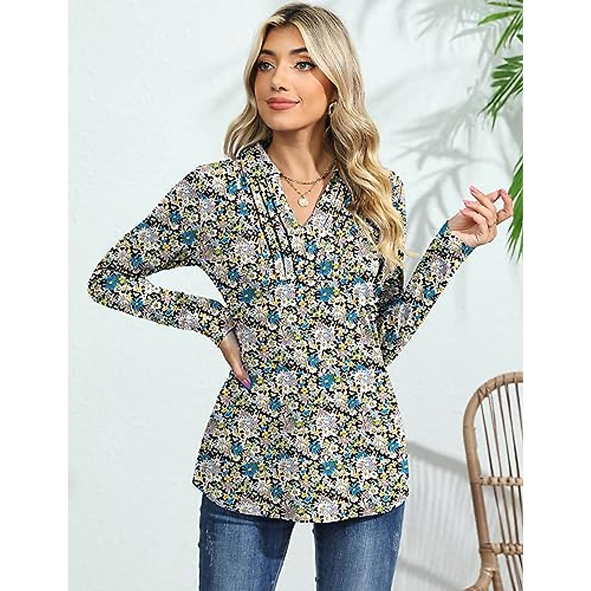 LUYAA Womens Long Sleeve Fall Tops Collared Work Shirts Uniform Polo Shirts for Women Blue Floral M