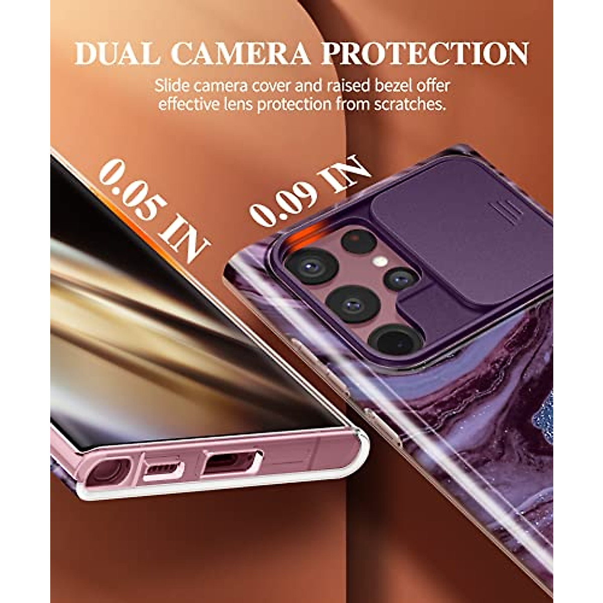 GVIEWIN Designed for Samsung Galaxy S22 Ultra Case with Slide Camera Cover, [Military Grade Drop Protection] Marble Slim Fit Shockproof Protective Phone Case for S22 Ultra 5G 6.8" 2022(Quicksand)