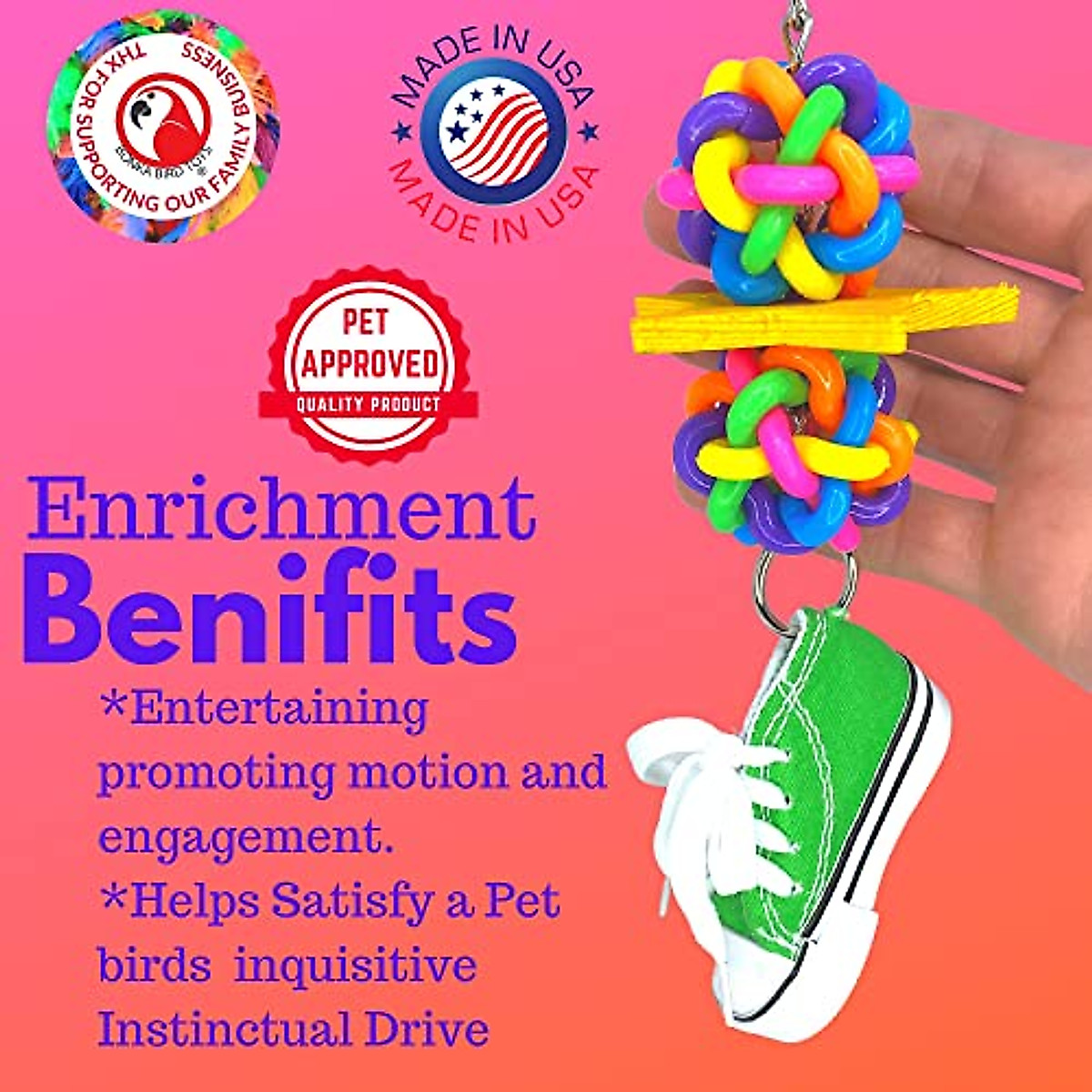 Bonka Bird Toys 1356 Star Sneaker Rubber Chew Wood Cotton Parrot Quaker Parrotlet Budgie Cockatiel