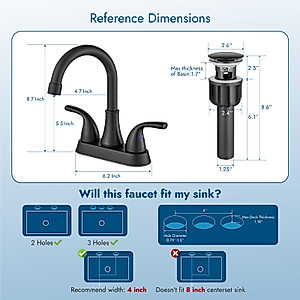 Cinwiny Bathroom Sink Faucet 4 Inch 2 Handle Bathroom Faucet 360° Swivel Spout Deck Mounted Vanity Faucet with Water Supply Hoses,Matte Black,with Pop up Drain