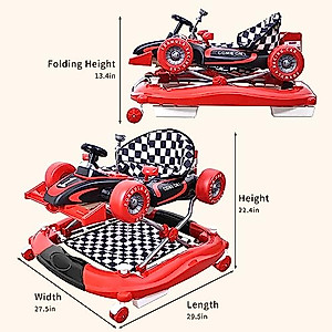 Baby Walker with Wheels, Activity Center Anti-Rollover, Comfortable seat, Steering Wheel, Music, Lights, 4 Height Adjustable Foldable Baby Walkers for Boys and Girls from 6-18 Months with Footrest