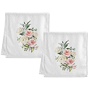ALAZA Pink Rose & Hydrangea Flower Towels 100% Cotton Hand Towel for Bathroom 16 x 30 inch, Absorbent Soft & Skin-Friendly, 2 Pieces