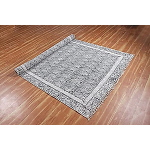 Casavani Handmade Area Rugs Hand Block Printed Cotton Dhurrie Gray, Black Boho Kilim Flat Weave Rug Indoor Bedroom Decor Rugs for Laundry Kitchen Bathroom 4x20 Feet Runner (120x600 cm)