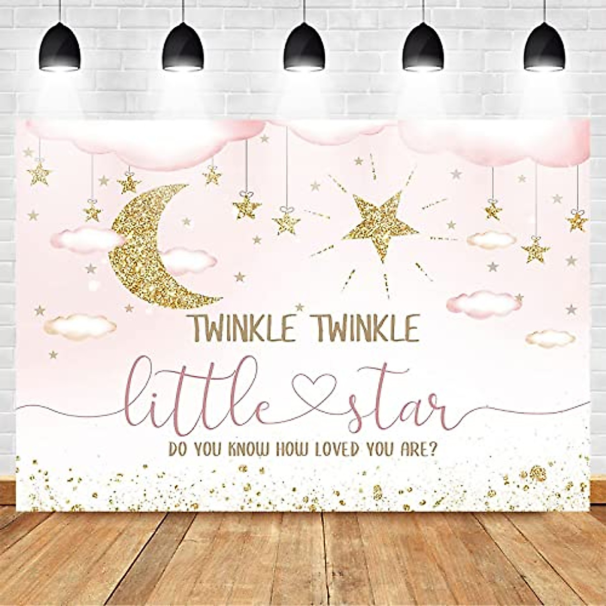 Mocsicka Pink Twinkle Twinkle Little Star Baby Shower Backdrop Gold Glitter Stars and Moon Pink Baby Shower Party Decorations for Girls Sparkle Stars Gender Reveal Photography Background (7x5ft)