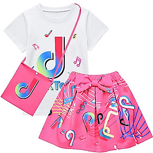 D.O.T 3pcs Tic Toc Girl Skirt Sets T Shirt Top + Bowknot Skirt with Bag Outfits (Rosy, 6-7Years)