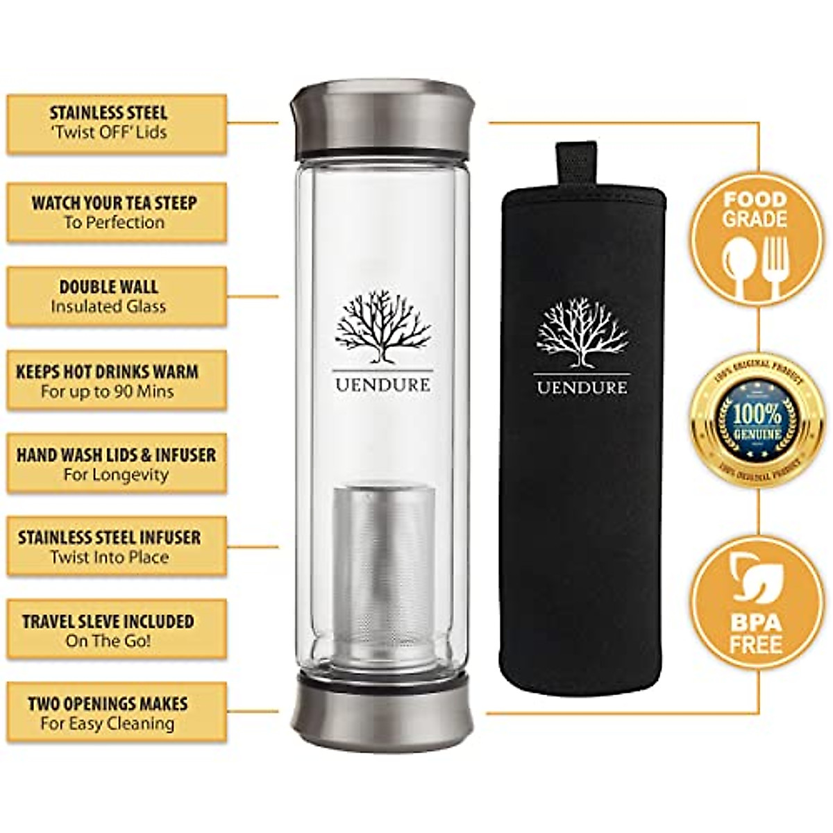 UEndure Tea Tumbler with Infuser - BPA Free Double Wall Glass Travel Tea Mug with Stainless Steel Filter - Watertight Tea Bottle with Strainer for Loose Leaf Tea and Fruit Infused Water 14oz