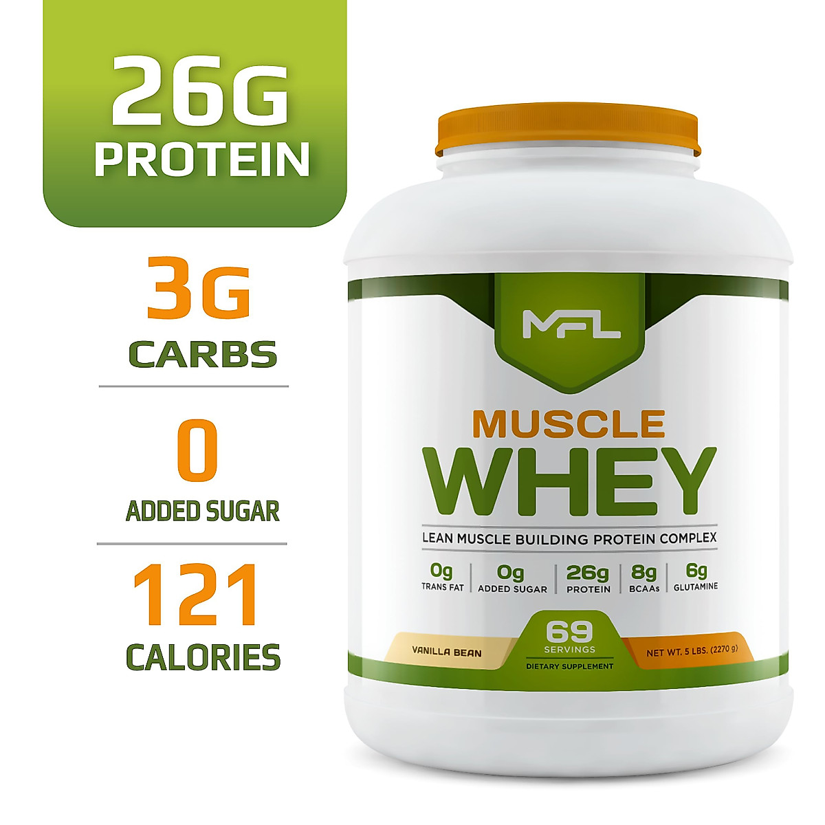 MFL Muscle Whey Protein l 28g of Protein l 8g BCAAs l Keto Friendly l Low Carbs l 5 lbs. (Vanilla Bean)