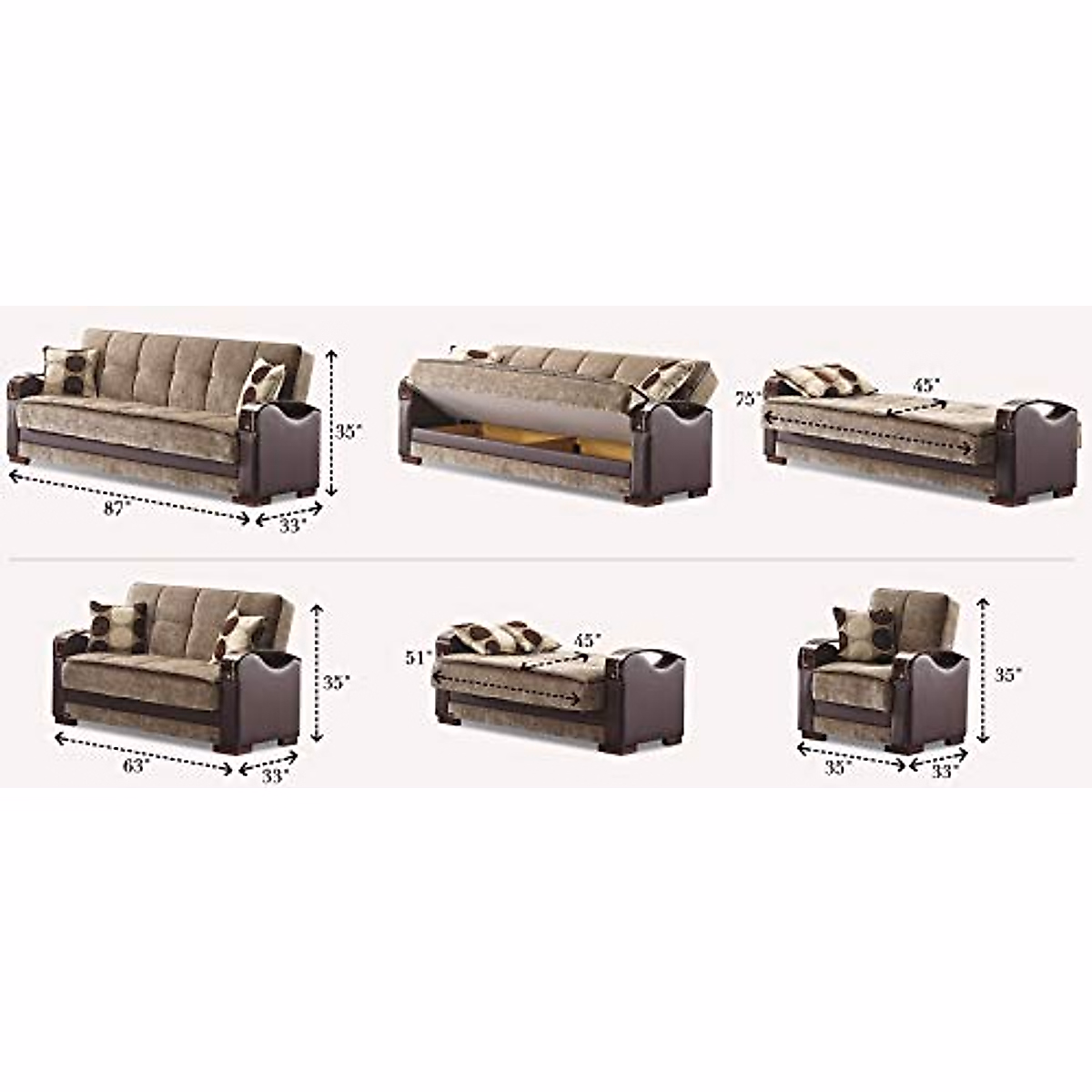 BEYAN Rochester Collection Convertible Folding Sofa Sleeper Bed with Storage Space, Includes 2 Pillows, Brown