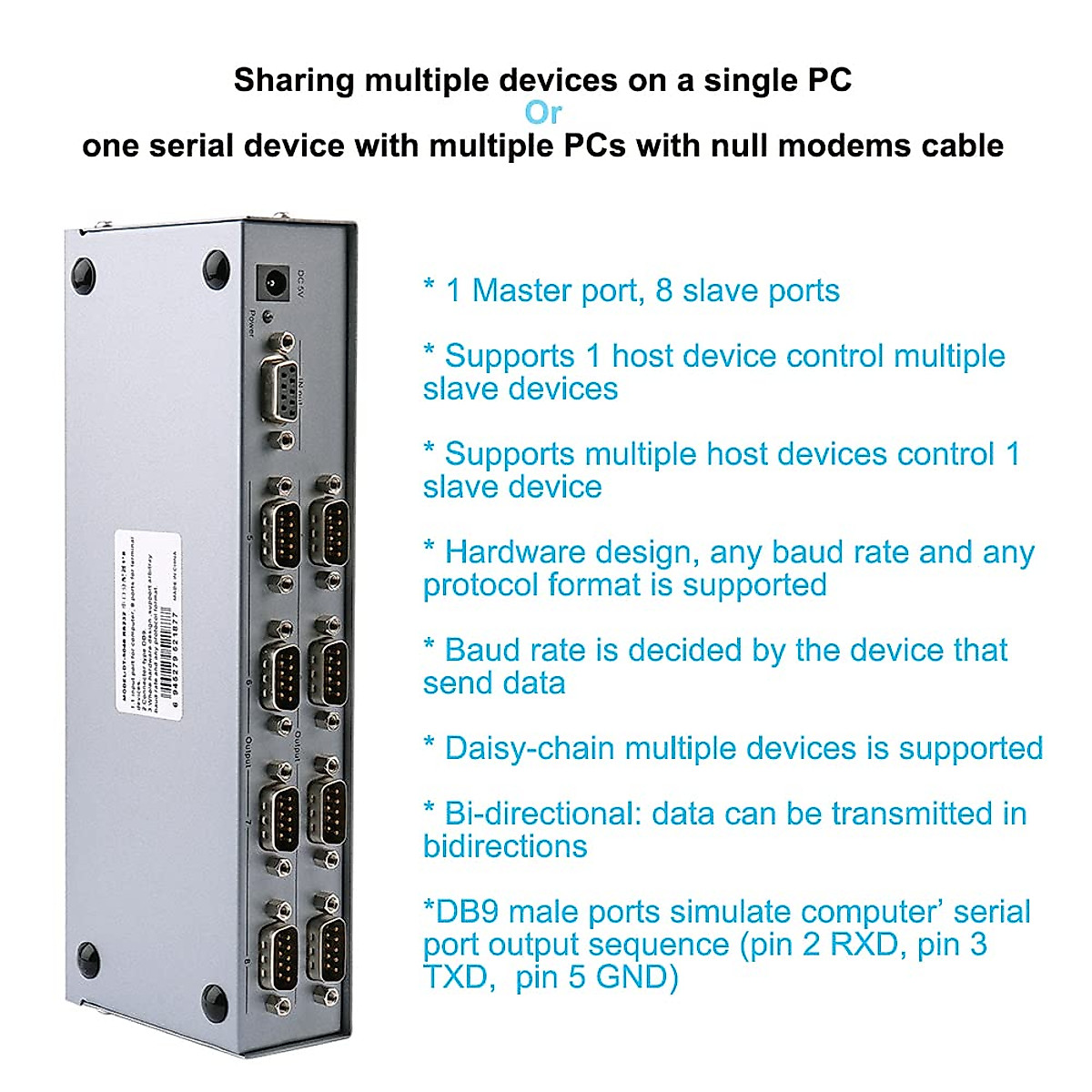 DTech Serial Splitter 8 Port Industrial RS232 Expander COM Port Switch Box with Power Adapter for Sharing PCs and Capture Data - 1x8