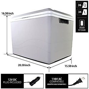 Koolatron Thermoelectric Iceless 12V Cooler/Warmer 36 qt (34 L), Electric Portable Car Fridge w/ 12 Volt DC Power Cord, Gray/White, Travel Road Trips Camping Fishing Trucking, Made in North America