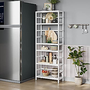 Bamjoy Bookshelf, 6 Tier Bamboo Shelf Adjustable Storage Shelves, Freestanding Tall Shelving Unit Plant Stand for Bathroom Home Office Kitchen Living Room, 23.6W x 10.2D x 63.4H White