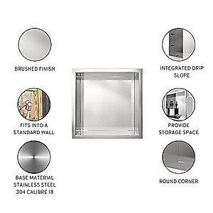 Odass | Shower Niche | 12" X 12" | NO Tile Needed | Square Stainless Steel #304 Niche | Brush Recessed Single Shelf Organizer | Bathroom Storage for Shampoo Bottle
