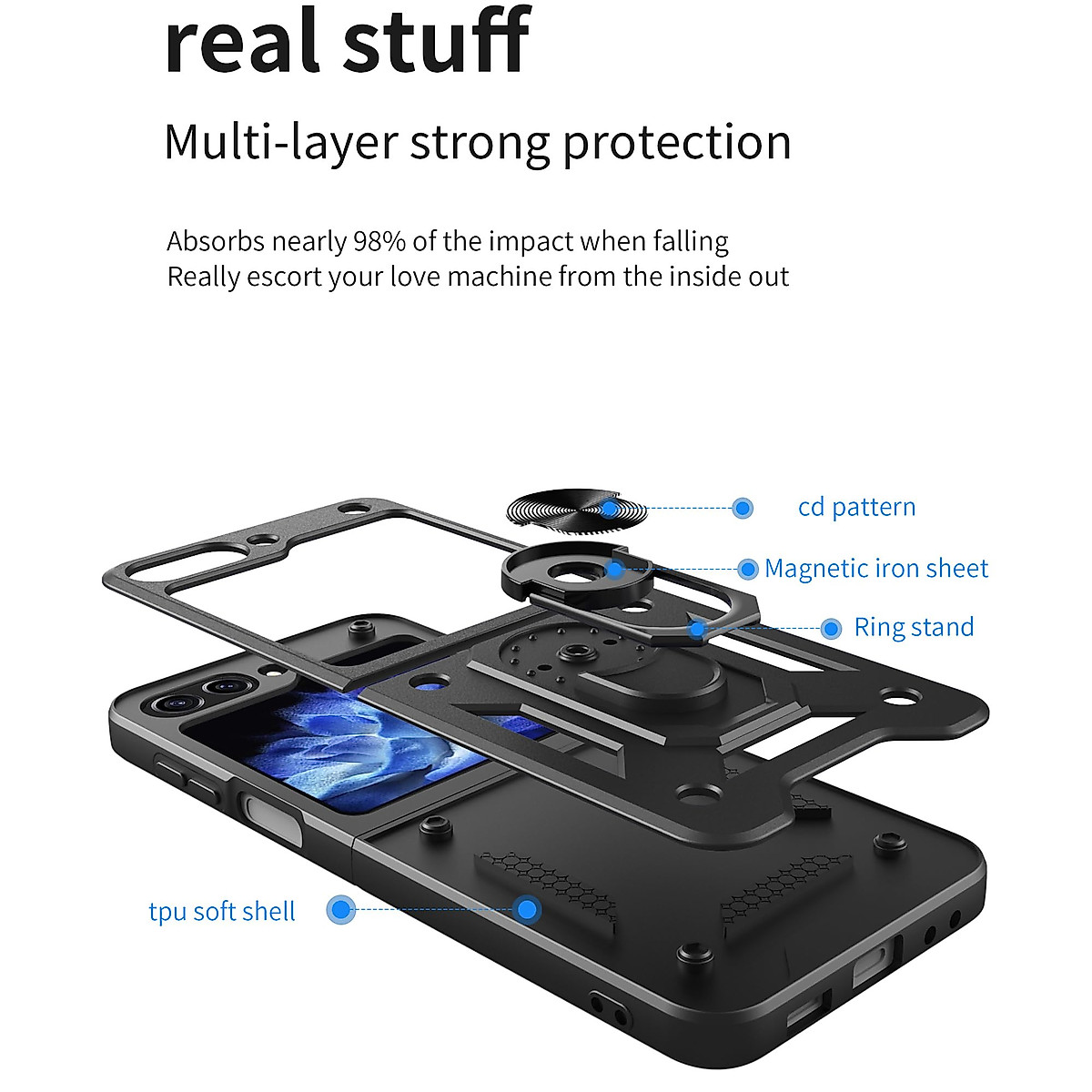 Ephoou Phone Case for Samsung Galaxy Z Flip 5 5G for Men, Heavy Duty Protective with 360° Finger Ring Stable Kickstand Case for Samsung Galaxy Z Flip5 5G SJ-Black