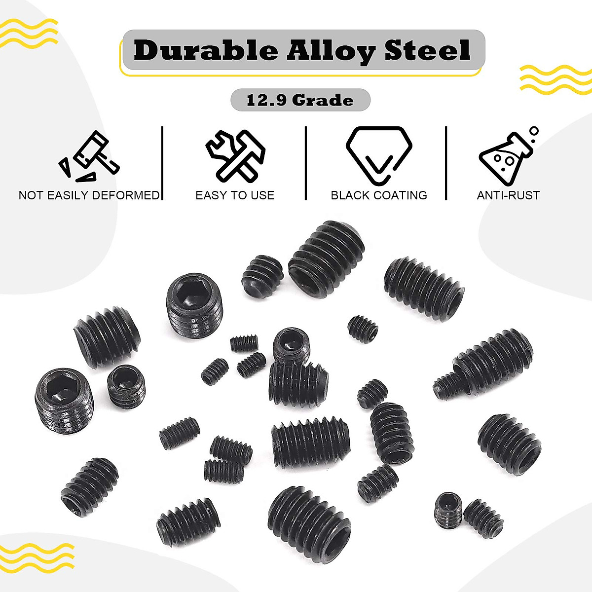 Hilitchi 230Pcs Socket Set Screw Assortment in SAE Sizes Internal Hex Drive Cup Point Allen Grub Screws 12.9 Class Black Alloy Steel (10Sizes)