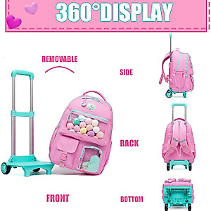 ZBAOGTW Rolling Backpack for Girls Kids Backpack with Wheels Backpacks for Elementary with Lunch Box Pencil Case Trolley Luggage