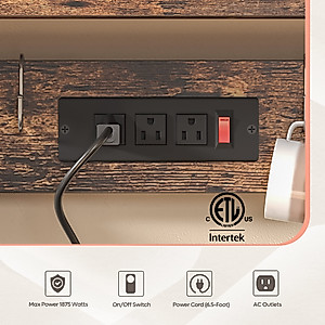 Bestier Bakers Rack with Power Outlets, Height Adjustable Microwave Stand, Kitchen Storage Shelf Rack with 8 S-shaped Hooks, Coffee Bar Table 5 Tiers Rustic