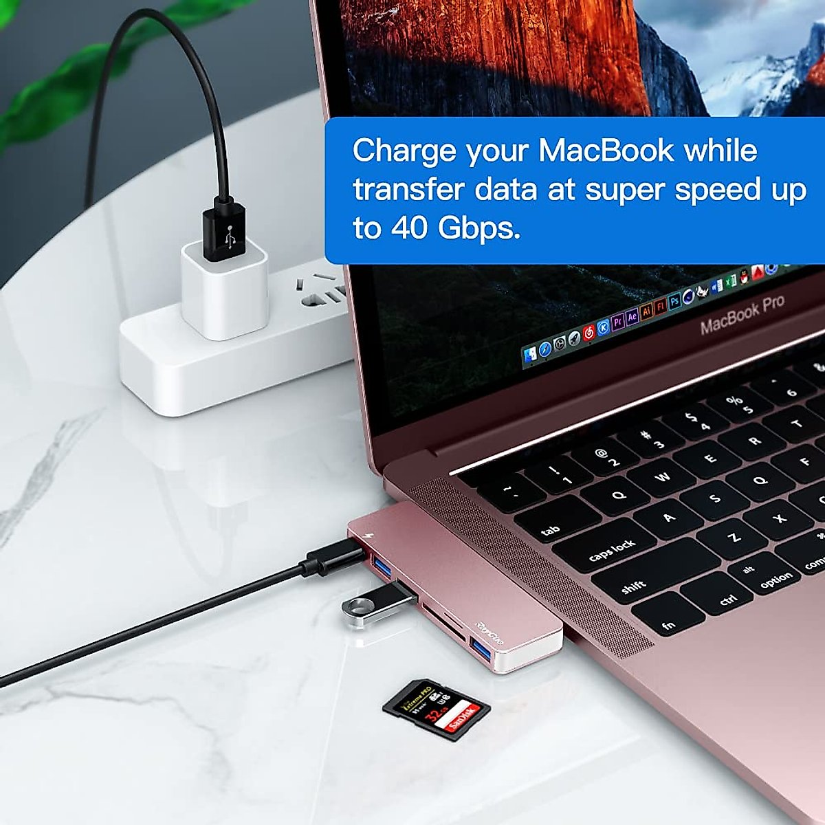 RayCue USB C Hub Adapter for MacBook Pro/Air M1 M2 M3 2023-2016, 6 in-1 USB-C Accessories Compatible with MacBook Pro 13″ and 15″ with 3 USB 3.0 Ports, TF/SD Card Reader, USB-C Power Delivery (Pink)