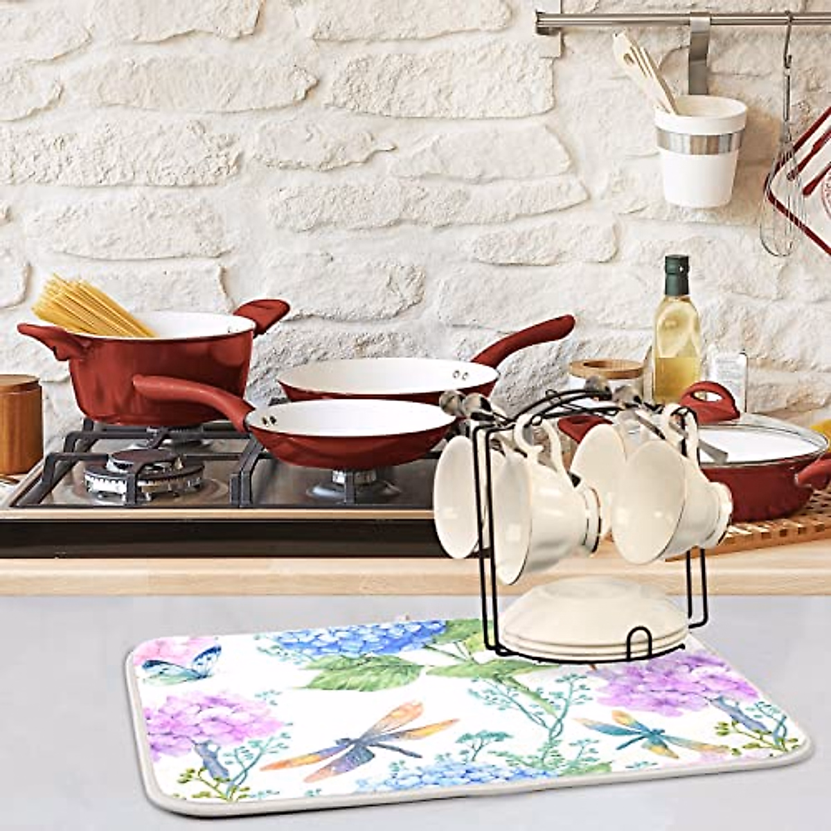 ZzWwR Beautiful Hydrangeas Dragonflies Floral 16 x 18 Inches Absorbent Dish Drying Mat Microfiber Kitchen Countertop Table Protector Multi-Purpose Counter Rack Sink Drainer Pad