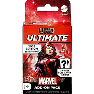 Mattel Games ​UNO Ultimate Marvel Card Game Add-On Pack with Scarlet Witch Character Deck & 2 Collectible Foil Cards, Gift for Collectors & Kids Ages 7 Years & Older